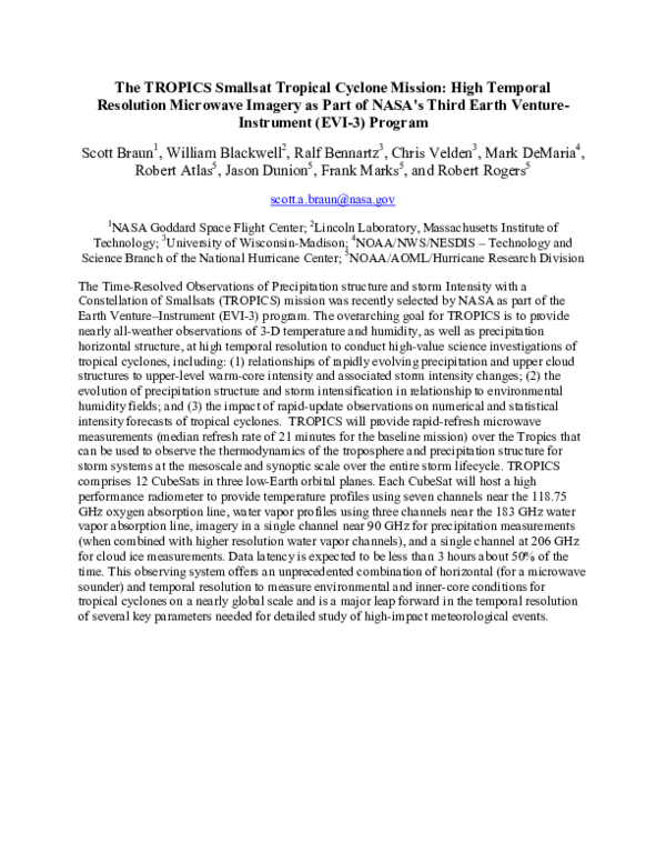 (PDF) The TROPICS smallsat tropical cyclone mission: High temporal ...