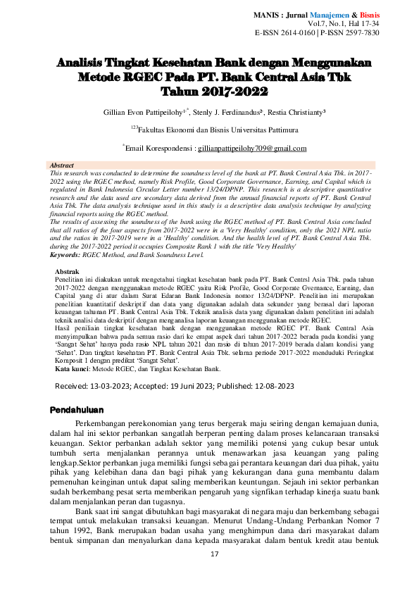 (PDF) Analisis Tingkat Kesehatan Bank Dengan Menggunakan Metode Rgec