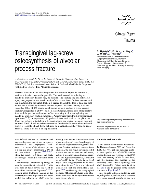 (PDF) Transgingival lag-screw osteosynthesis of alveolar process fracture