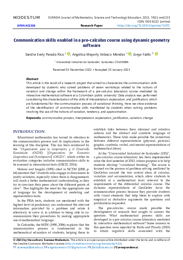 Pdf Communication Skills Enabled In A Pre Calculus Course Using Dynamic Geometry Software