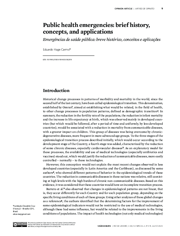 (PDF) Public health emergencies: brief history, concepts, and applications