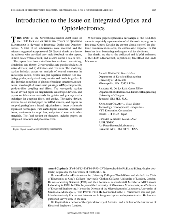(PDF) Introduction to the issue on integrated optics and optoelectronics