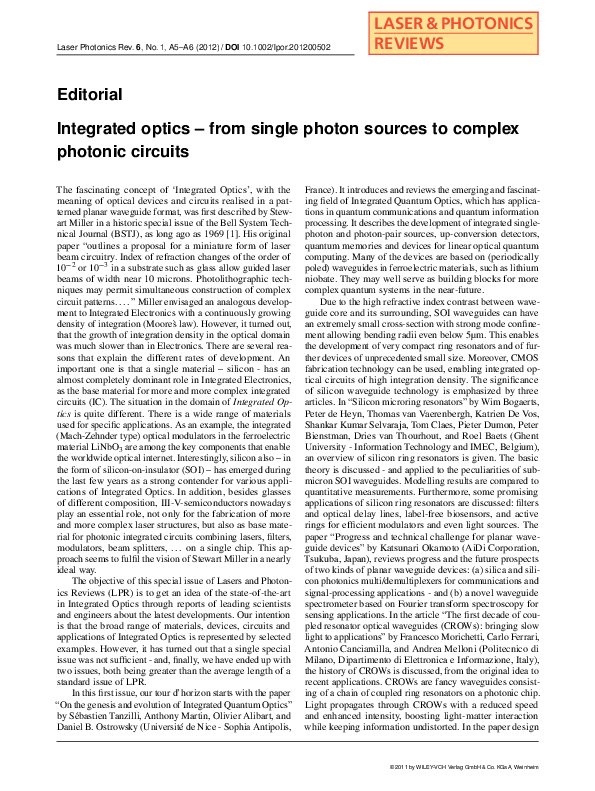(PDF) Integrated optics – from single photon sources to complex photonic circuits | Richard De ...