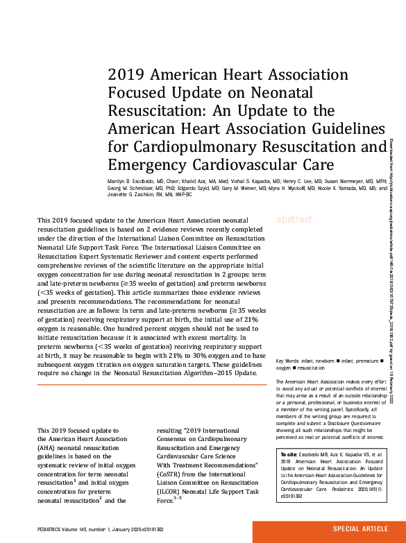 (PDF) 2019 American Heart Association Focused Update on Neonatal Resuscitation: An Update to the ...
