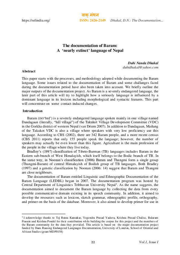 (PDF) The documentation of Baram: A 'nearly extinct' language of Nepal