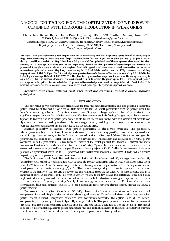 (PDF) A Model for Techno-Economic Optimization of Wind Power Combined with Hydrogen Production ...