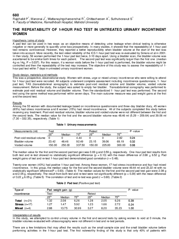 (PDF) The Repeatability of 1-Hour Pad Test in Untreated Urinary ...