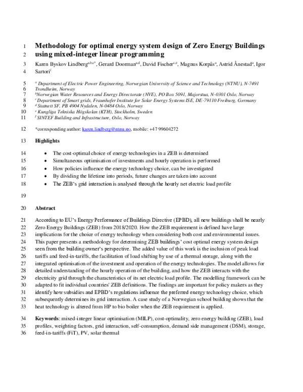 Pdf Methodology For Optimal Energy System Design Of Zero Energy Buildings Using Mixed Integer