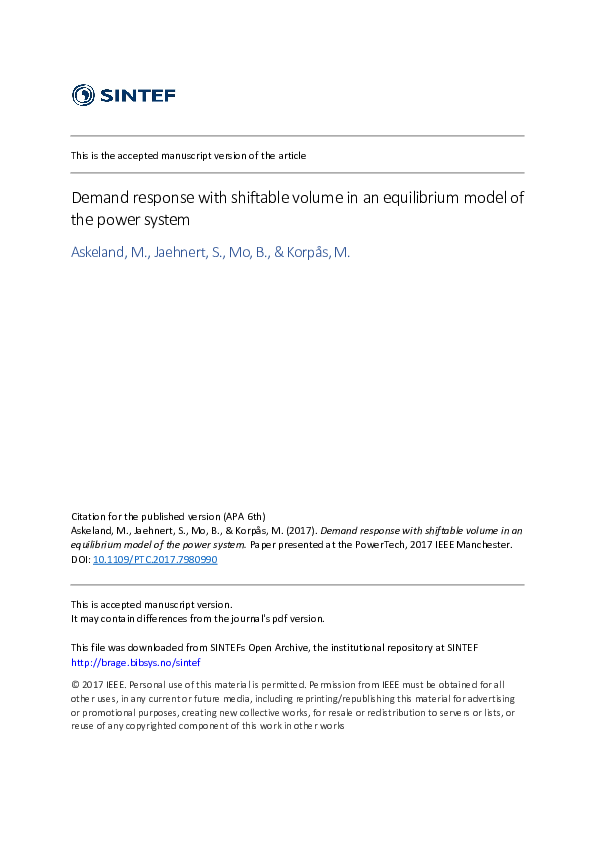 (PDF) Demand response with shiftable volume in an equilibrium model of the power system