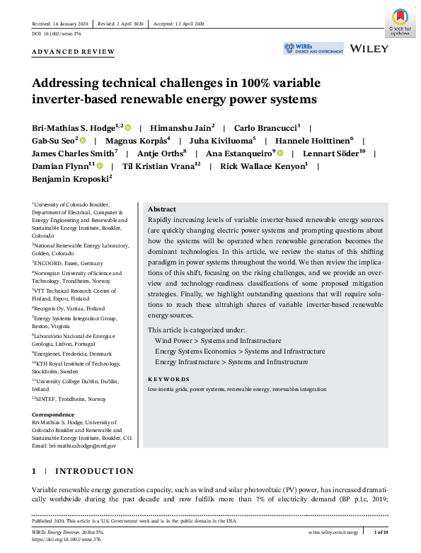 Pdf Addressing Technical Challenges In 100 Variable Inverter‐based Renewable Energy Power Systems