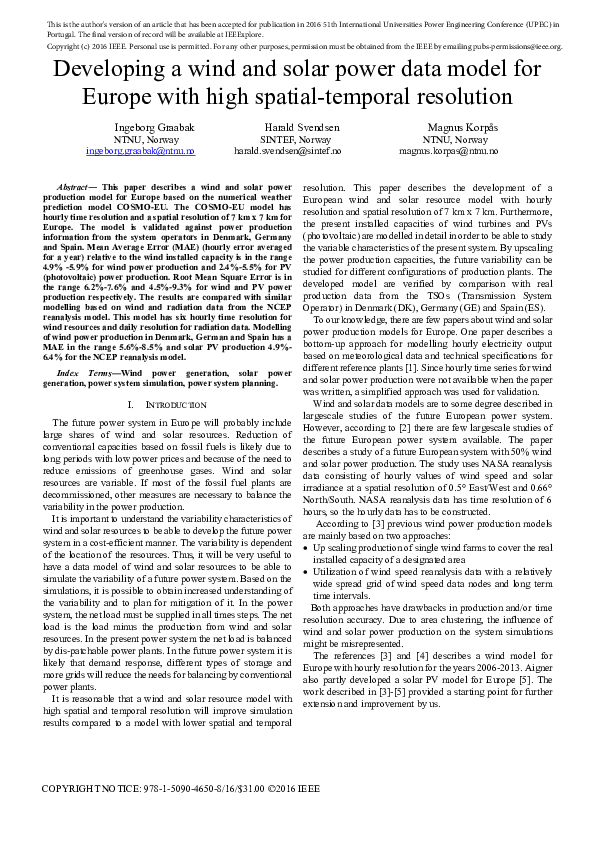 (PDF) Developing a wind and solar power data model for Europe with high spatial-temporal resolution