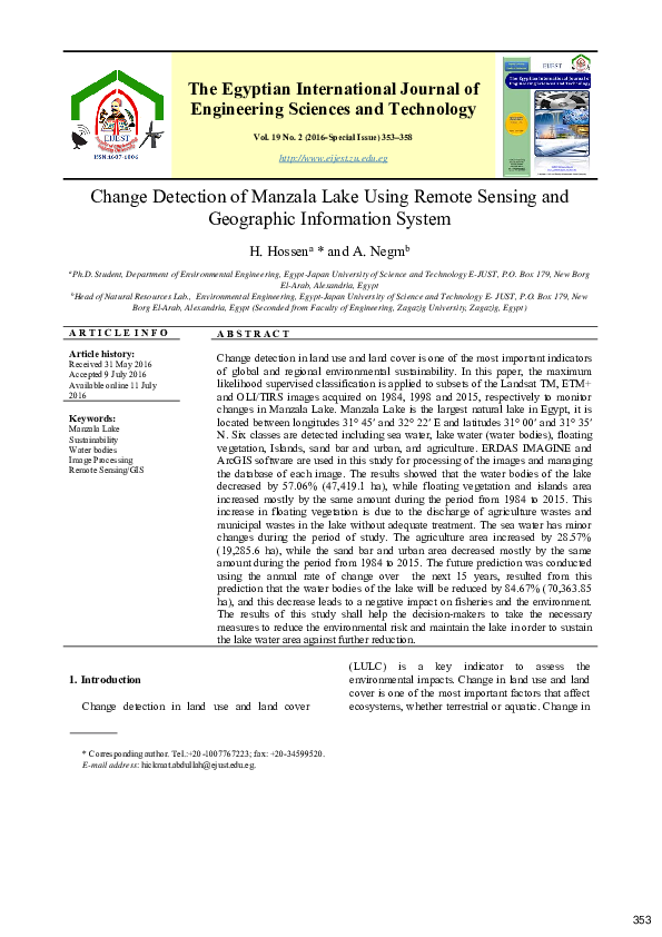 (PDF) Change Detection of Manzala Lake Using Remote Sensing and Geographic Information System