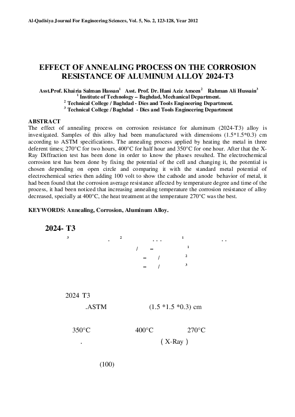 (PDF) Effect of Annealing Process on the Corrosion Resistance of Aluminum Alloy 2024-T3