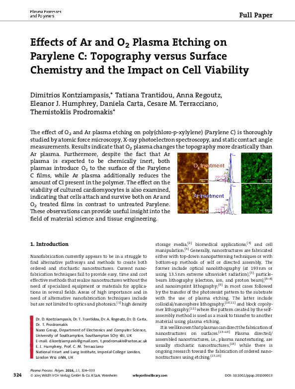 (PDF) Effects of Ar and O2 Plasma Etching on Parylene C: Topography ...
