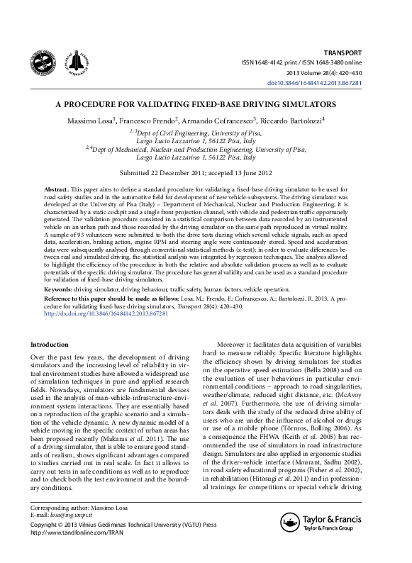 (PDF) A procedure for validating fixed-base driving simulators