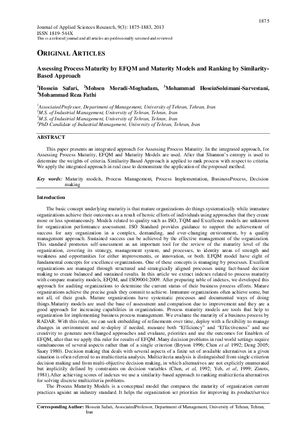 (PDF) Assessing Process Maturity by EFQM and Maturity Models and ...