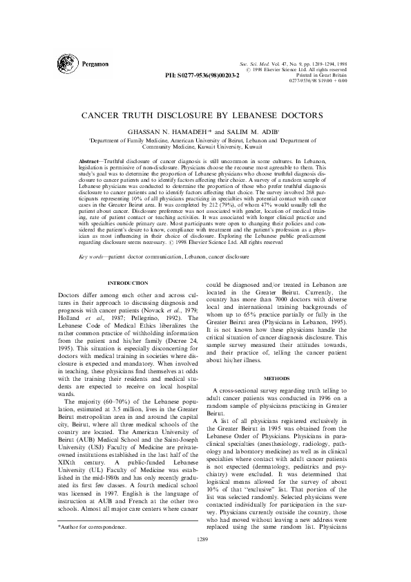 (PDF) Cancer truth disclosure by Lebanese doctors