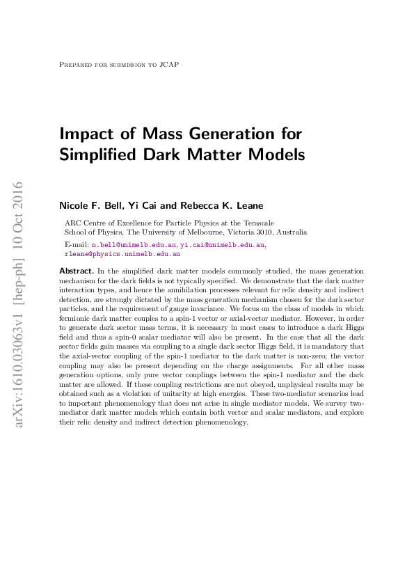 (PDF) Impact of mass generation for simplified dark matter models