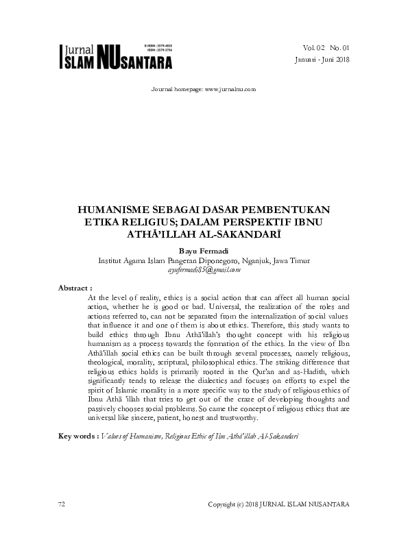 (PDF) Humanisme Sebagai Dasar Pembentukan Etika Religius; Dalam Perspektif Ibnu Athā’Illah Al ...
