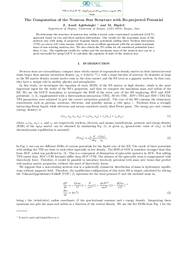(PDF) The Computation of the Neutron Star Structure with Re-projected Potential