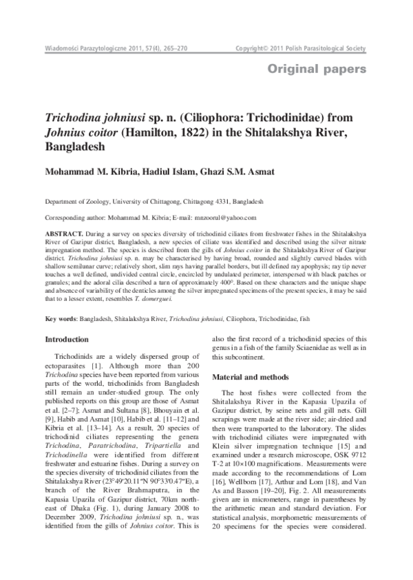 (PDF) Trichodina johniusi sp. n. (Ciliophora: Trichodinidae) from ...