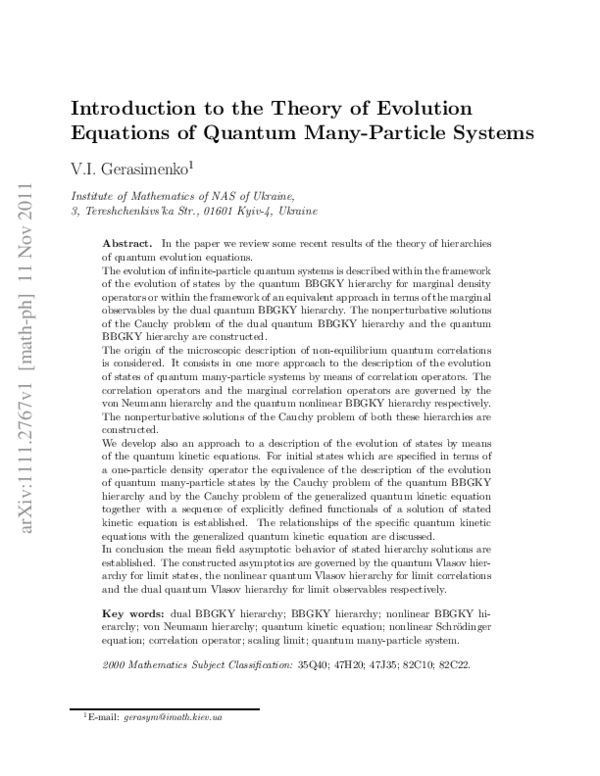 (PDF) Introduction to the Theory of Evolution Equations of Quantum Many-Particle Systems