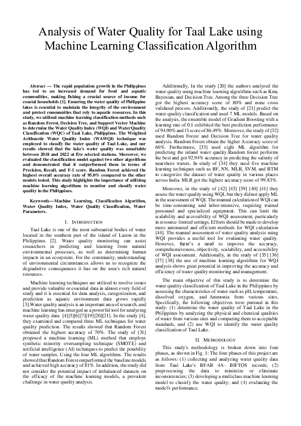 (PDF) Analysis of Water Quality for Taal Lake using Machine Learning Classification Algorithm