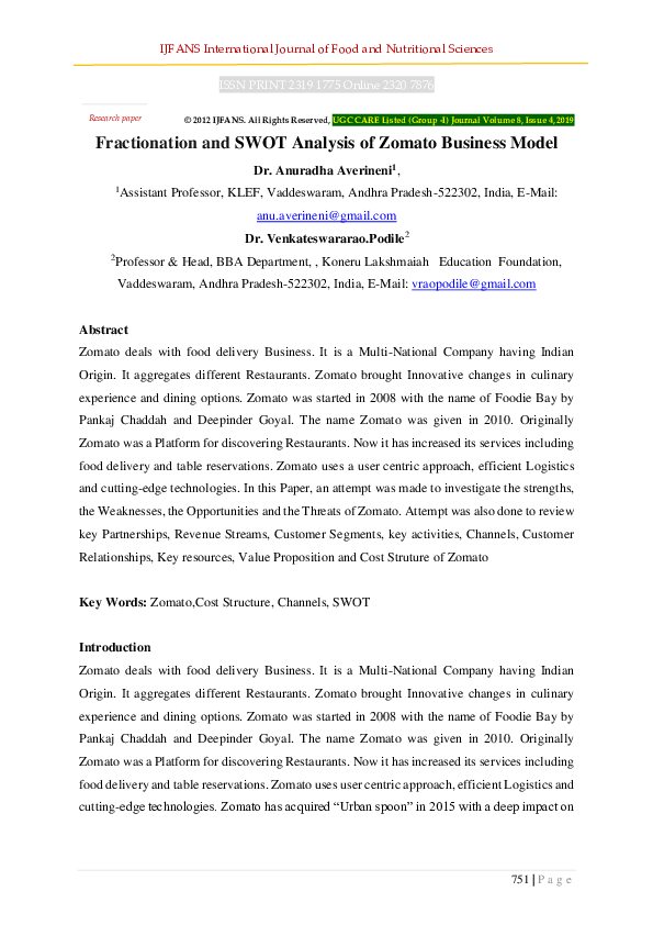 (PDF) Fractionation and SWOT Analysis of Zomato Business Model