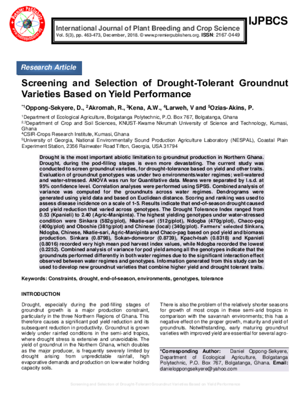(PDF) Screening and Selection of Drought-Tolerant Groundnut Varieties Based on Yield Performance