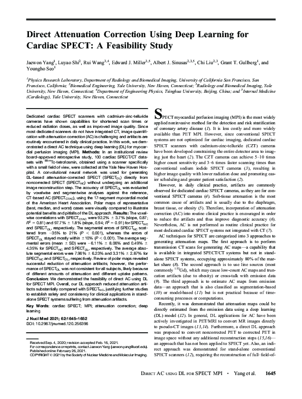 (PDF) Direct Attenuation Correction Using Deep Learning for Cardiac SPECT: A Feasibility Study