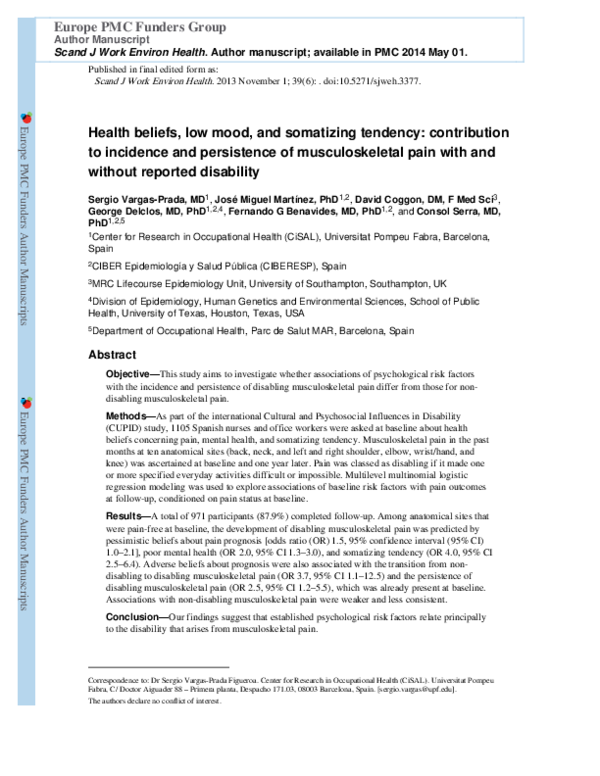 (PDF) Health beliefs, low mood, and somatizing tendency: contribution ...