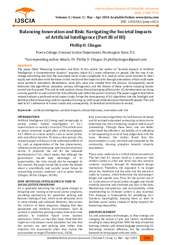 (PDF) Balancing Innovation and Risk: Navigating the Societal Impacts of Artificial Intelligence ...
