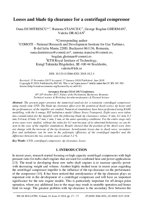 (PDF) Losses and blade tip clearance for a centrifugal compressor