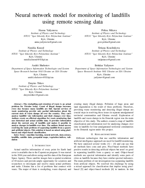 (PDF) Neural Network Model for Monitoring of Landfills Using Remote Sensing Data