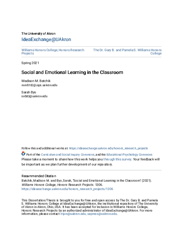 (PDF) Social and Emotional Learning in the Classroom