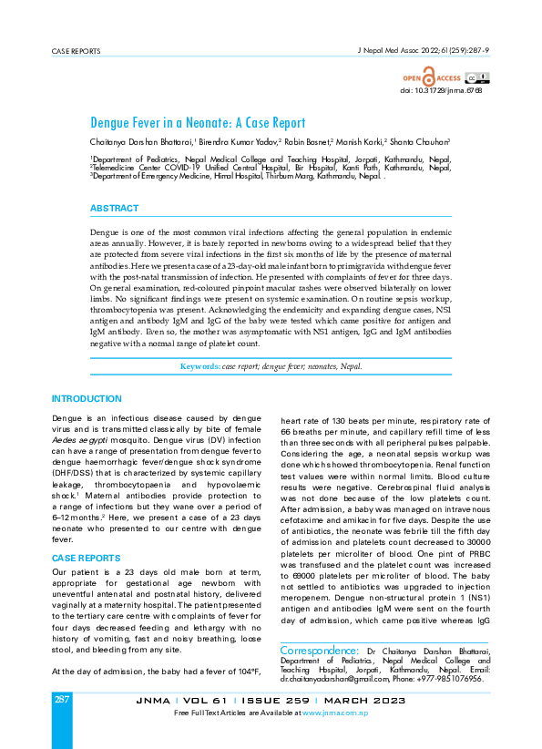 (PDF) Dengue Fever in a Neonate: A Case Report