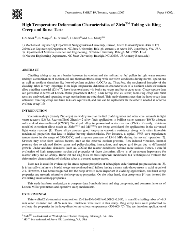 (PDF) High temperature deformation characteristics of Zirlo™ tubing via ...