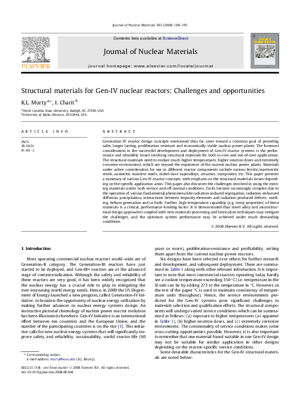 (PDF) Structural materials for Gen-IV nuclear reactors: Challenges and opportunities