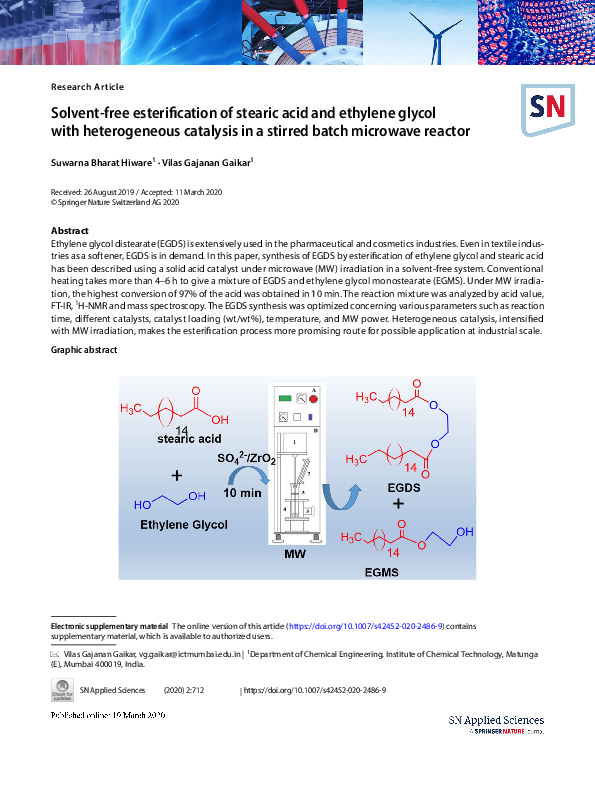(PDF) Solvent-free esterification of stearic acid and ethylene glycol with heterogeneous ...