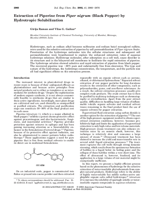 (PDF) Extraction of Piperine from Piper nigrum (Black Pepper) by Hydrotropic Solubilization