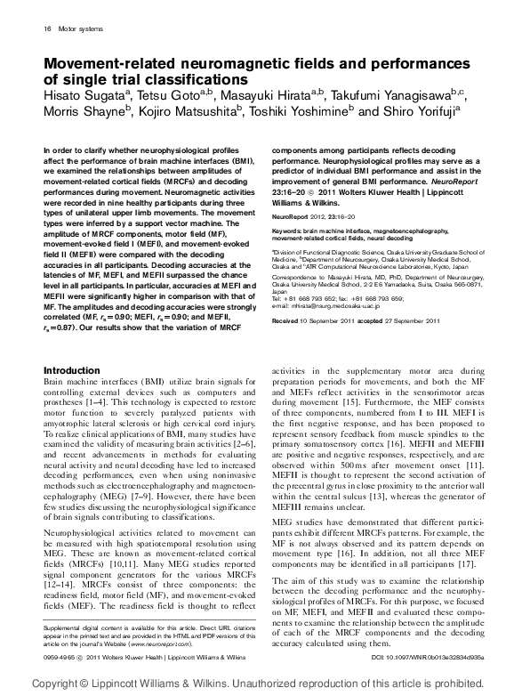 (PDF) Movement-related neuromagnetic fields and performances of single trial classifications