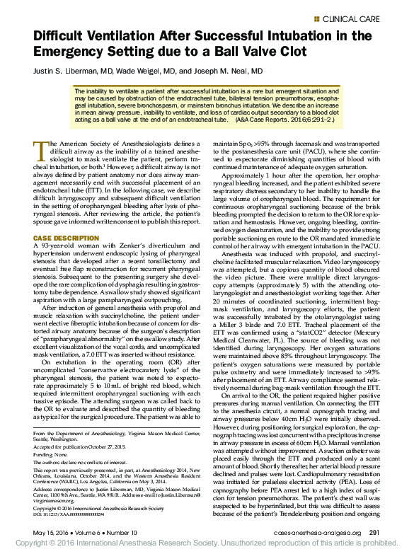 (PDF) Difficult Ventilation After Successful Intubation in the ...