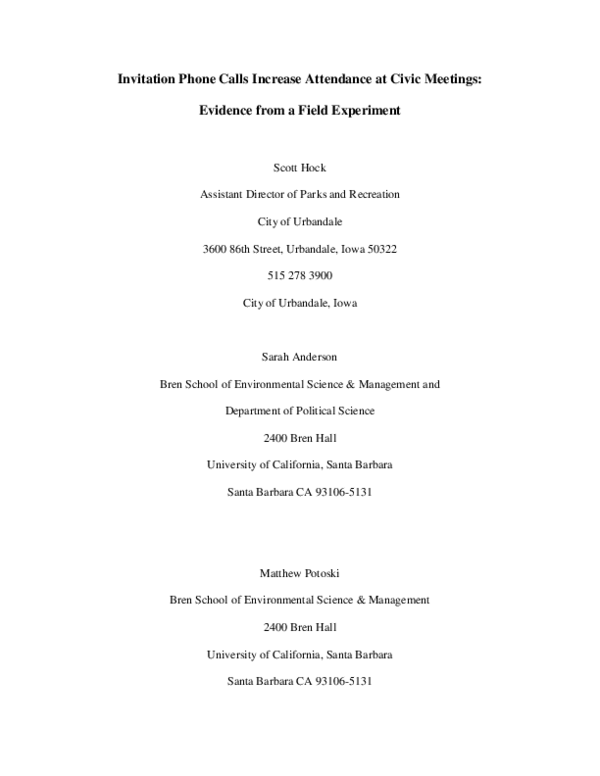(PDF) Invitation Phone Calls Increase Attendance at Civic Meetings ...
