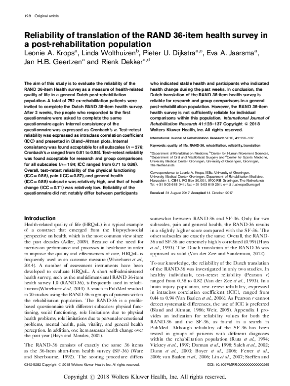 (PDF) Reliability of Dutch RAND 36-item Health Survey in Rehabilitation