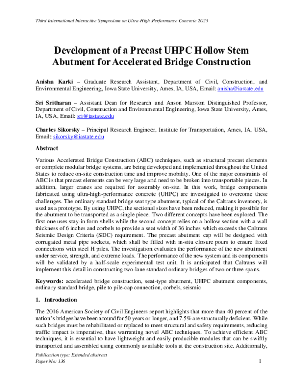 (PDF) Development of a Precast UHPC Hollow Stem Abutment for ...