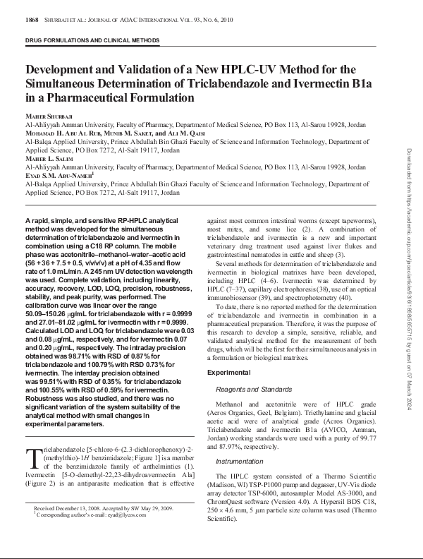 (PDF) HPLC-UV Analysis of Triclabendazole and Ivermectin