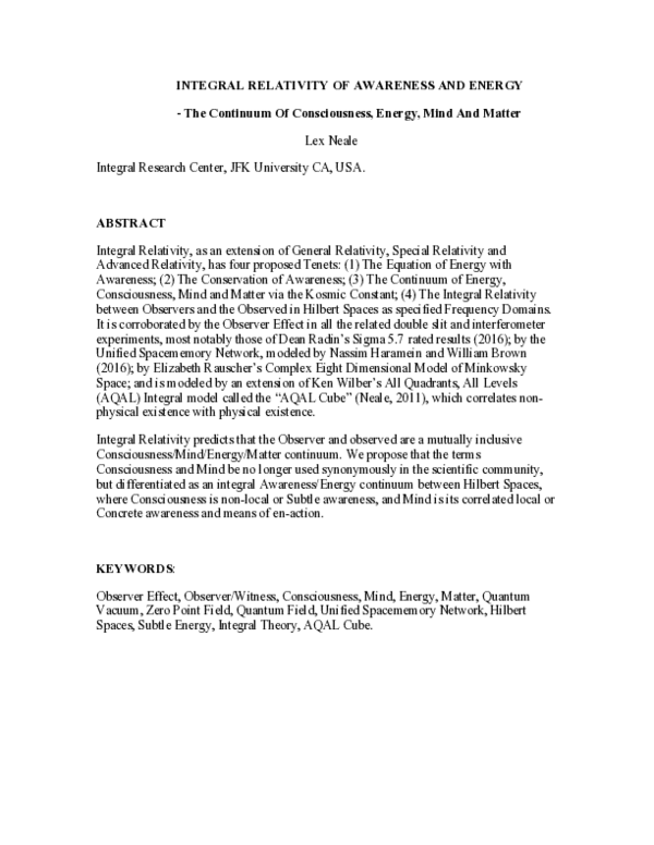 (PDF) Integral Relativity of Awareness and Energy
