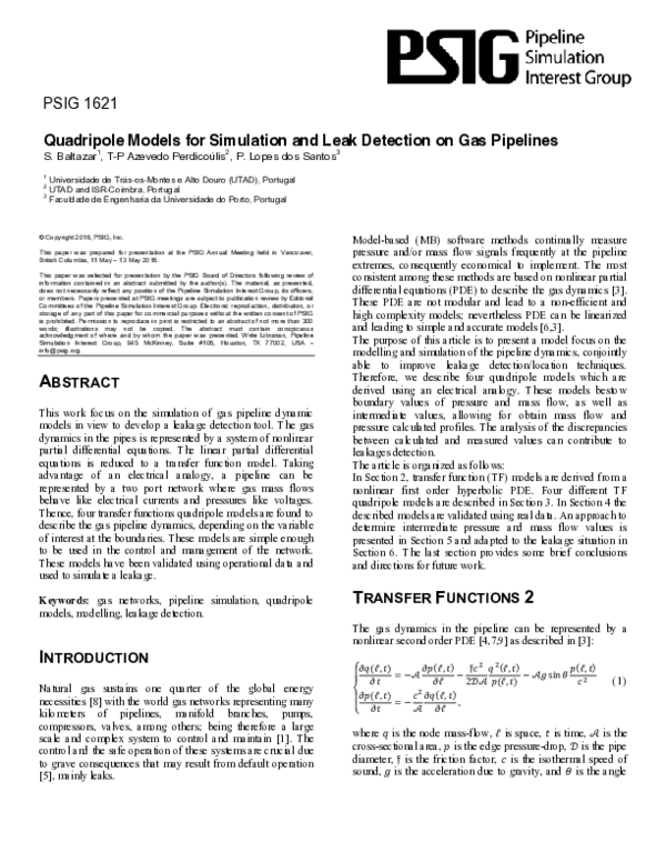 (PDF) Quadripole Models for Simulation and Leak Detection on Gas Pipelines