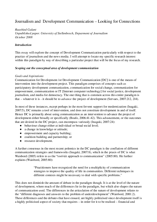 (PDF) Journalism and Development: Finding Connections