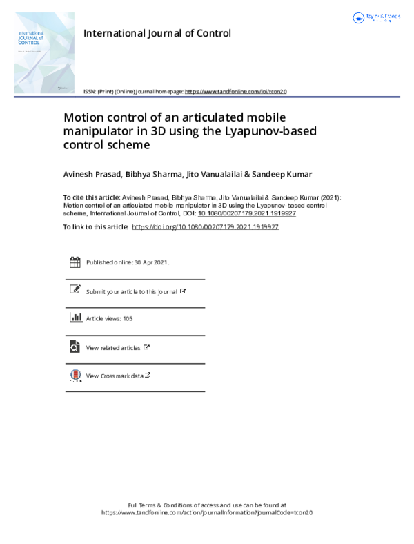 Pdf Motion Control Of An Articulated Mobile Manipulator In 3d Using The Lyapunov Based Control